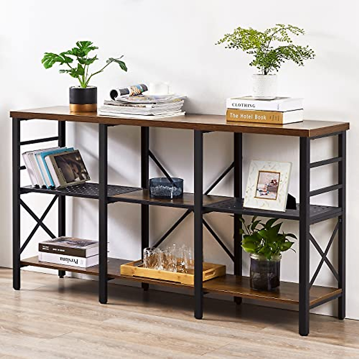HOMISSUE 3-Tier Console Sofa Table, Industrial Vintage 60-Inch Long Entryway Table with Open Storage Shelf for Living Room, Hallway, Brown
