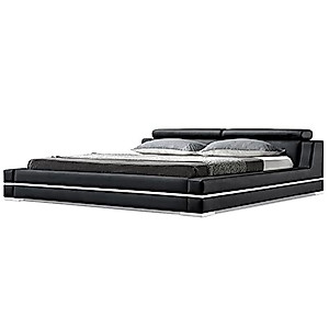 ZURI Hera Genuine Black Leather Platform Bed with Adjustable Headrests - Queen