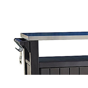 Keter Unity XL Portable Outdoor Table and Storage Cabinet w/ Accessory Hooks, Stainless Steel Top for Patio Kitchen Island or Bar Cart, Espresso Brown