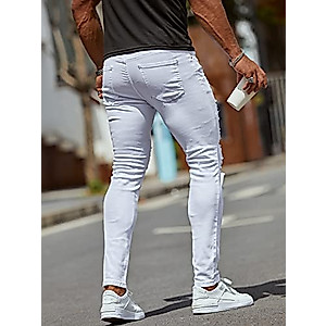 WDIRARA Men's High Waisted Ripped Skinny Jeans Long Denim Pants with Pocket White XXL