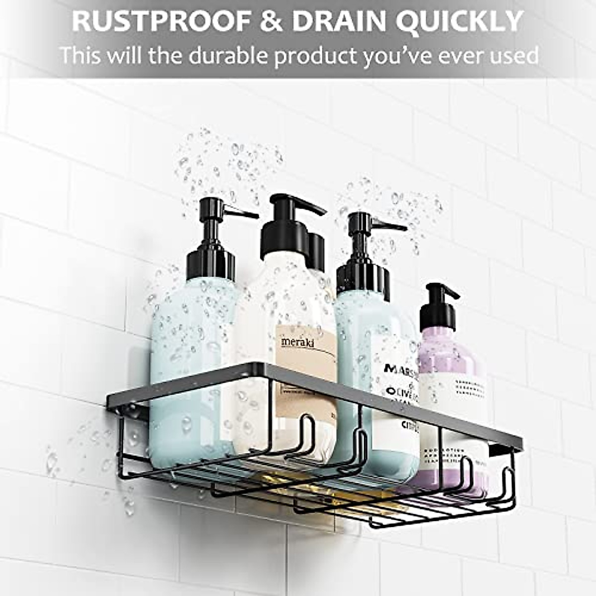 Tivisir Shower Caddy 4-Pack,Bathroom Storage Rack with Hook,Adhesive Shower Organizer ＆Drilling, Shower Organizer with Toothbrush Holder with Soap Rack,Rustproof Stainless Steel Shower Shelf (Black)