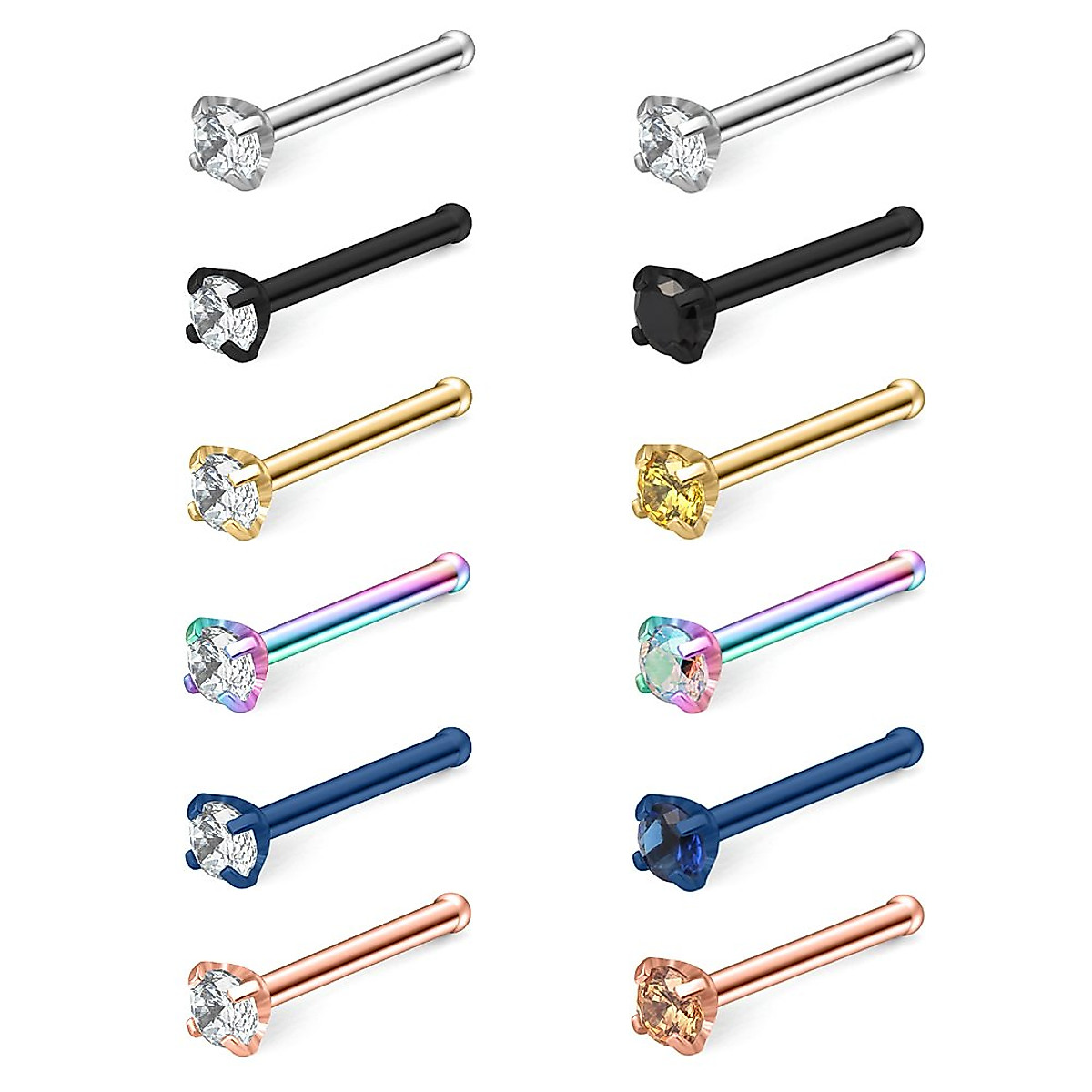 Ruifan 12PCS 18G Mix Color Stainless Steel Diamond CZ Nose Bone Studs Rings Pin Piercing Jewelry 2mm