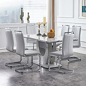 JUFU Modern Dining Table Set for 6,Rectangula Kitchen Table Set with Faux Marble Tabletop＆6 Pu Leather Upholstered Chairs Ideal for Dining Room, Kitchen (Light Grey, 1 Table with 6 Chairs)