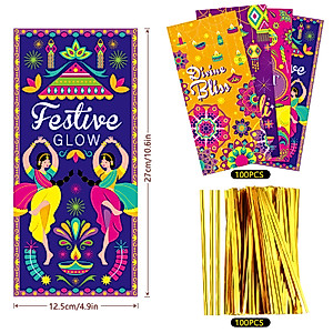 Konsait Happy Diwali Gift Bags, 100 Pack Cellophane Treat Bags with Ties Cookie Bags for Packaging Diwali Gift Bag 4 Designed Candy Bags for Indian Diwali Festival Party Favors
