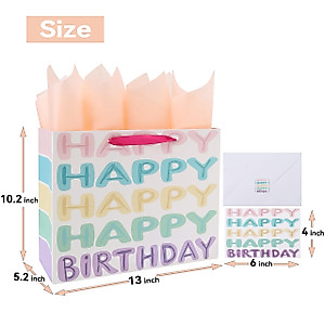 13” Large Colorful Happy Birthday Gift Bag Set with Handles, Greeting Card, Tissue Papers and Stickers for Women Girls, Words Design, 1 Pcs
