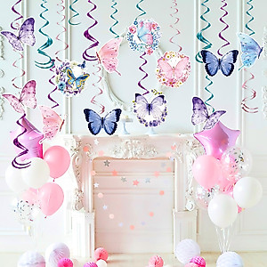 JUNEBRUSHS 46Pcs No Installation Hanging Butterfly Decorations Butterfly Birthday Decorations Spring Summer Themed Swirls Garland for Girl Birthday Wedding Party Baby Shower Garden Party
