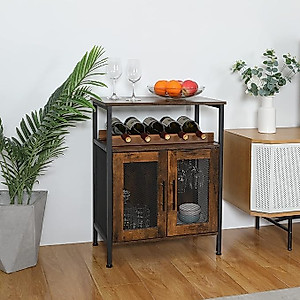 Fancial Wine Bar Rack Cabinet with Detachable Wine Rack, Coffee Bar Cabinet with Glass Holder, Small Sideboard and Buffet Cabinet with Mesh Door, Rustic Brown(Patent Pending)