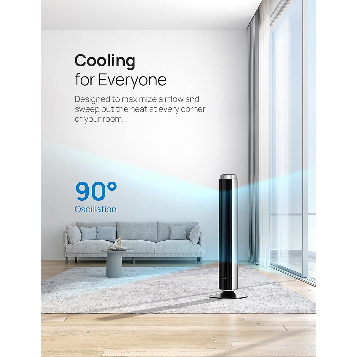 Dreo 42" Tower Fan for bedroom, 25 DB Quiet DC Bladeless Fans, 90° Oscillating Fan with Remote & Tower Fan with Remote, Smart Oscillating Quiet Fans for Bedroom, Bladeless Standing Cooling Floor Fan