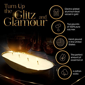 Dough Bowl Candle Co. Luxury Candle - Luxury Candles for Home, 12x5x2 Inch Gold Luxury Candles for Women and Men, 4 Wick Fancy Candles, Candles for All Occasions (Palo Santo and Patchouli, Gold)