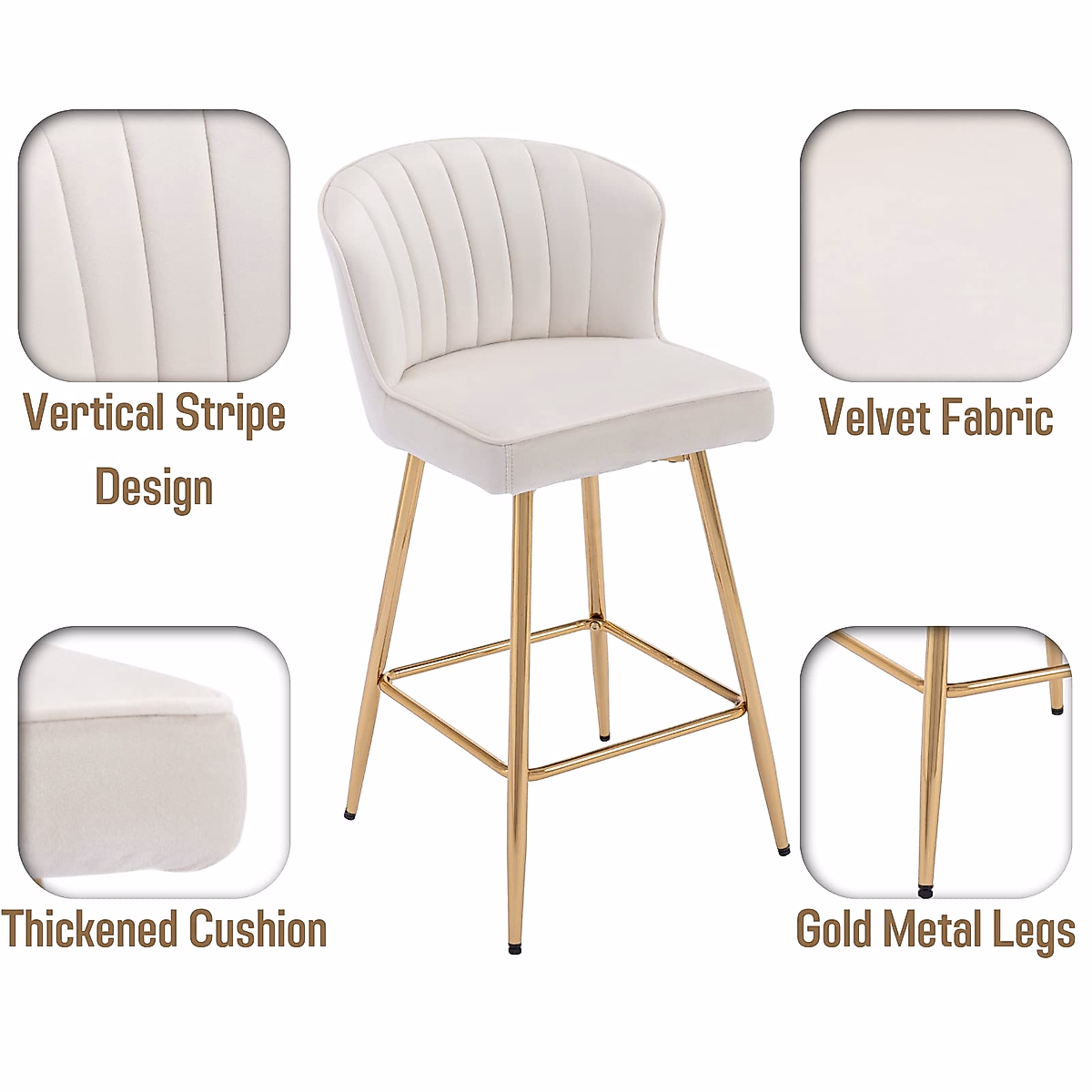 CIMOO Beige Velvet Counter Stools with Gold Legs Mid Century Modern Bar Stools Set of 2 Upholstered Counter Height Stool Chairs 26 Inch kitchen Island Chairs with Back