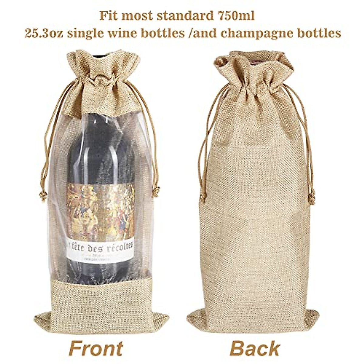 HRX Package 10pcs Burlap Wine Bags with Sheer Window, Hessian Cloth Bottle Gift Bags with Drawstring for Christmas Holiday Wedding Party