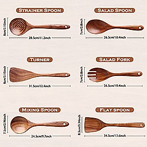 NAYAHOSE Wooden Spoons for Cooking, 6 Pcs Wooden Utensils for Cooking, Natural Teak Wood Non-Stick Cooking Spoons, Comfort Grip Wood Utensils Set for Kitchen