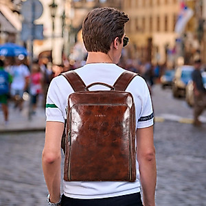 Banuce Vintage Full Grain Italian Leather Backpack for Men Travel Laptop Backpack Work Bag with Luggage Strap Brown