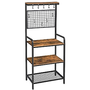 BEEWOOT Bakers Rack, Coffee Bar, Microwave Oven Stand with Shelf, Utility Storage Shelf for Spices, Pots, and Pans, Workstation with 11 Hooks, Stable Metal Frame, Rustic Brown BR01BB007