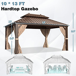 MELLCOM 10' X 13' Hardtop Gazebo Galvanized Steel Outdoor Gazebo Canopy Double Vented Roof Pergolas Aluminum Frame with Netting and Curtains for Garden,Patio,Lawns,Parties