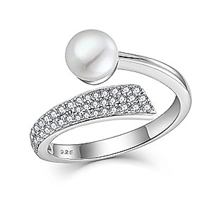 STARCHENIE Pearl Rings for Women Sterling Silver,7mm Pearl Cubic Zirconia Adjustable Rings for Women size7