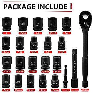WETT 1/2-Inch Drive Socket Wrench Set, 23 Piece Impact Socket Sets, Shallow SAE/Metric, 13mm-24mm, 7/16"-1", 72 Teeth Quick Release Ratchet, Adapter and Extension Bar