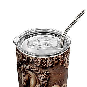 20oz Printed Wooden Horse Tumbler, Equestrian Gifts for Horse Lovers, Country Horses Coffee Thermos for Men, Women, Stainless Steel Double Wall Vacuum Insulated Coffee Mug, Travel Cup with Lid