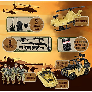 US Army Men Action Figure Toy Playset for Boys Desert Forces and Rescue Team Military Vehicle, Rescue Boat and Helicopter 4 Military Men Action Figures with Weapon Accessories and Top Secret Notepad