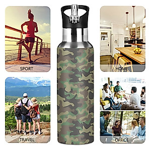 AUUXVA Military Camo Water Bottle with Straw Lid, Cool Army Camouflage Vacuum Insulated Stainless Steel Bottle Keep Hot and Cold Thermo Water Flask Bottle for Sports Gym School,20 oz