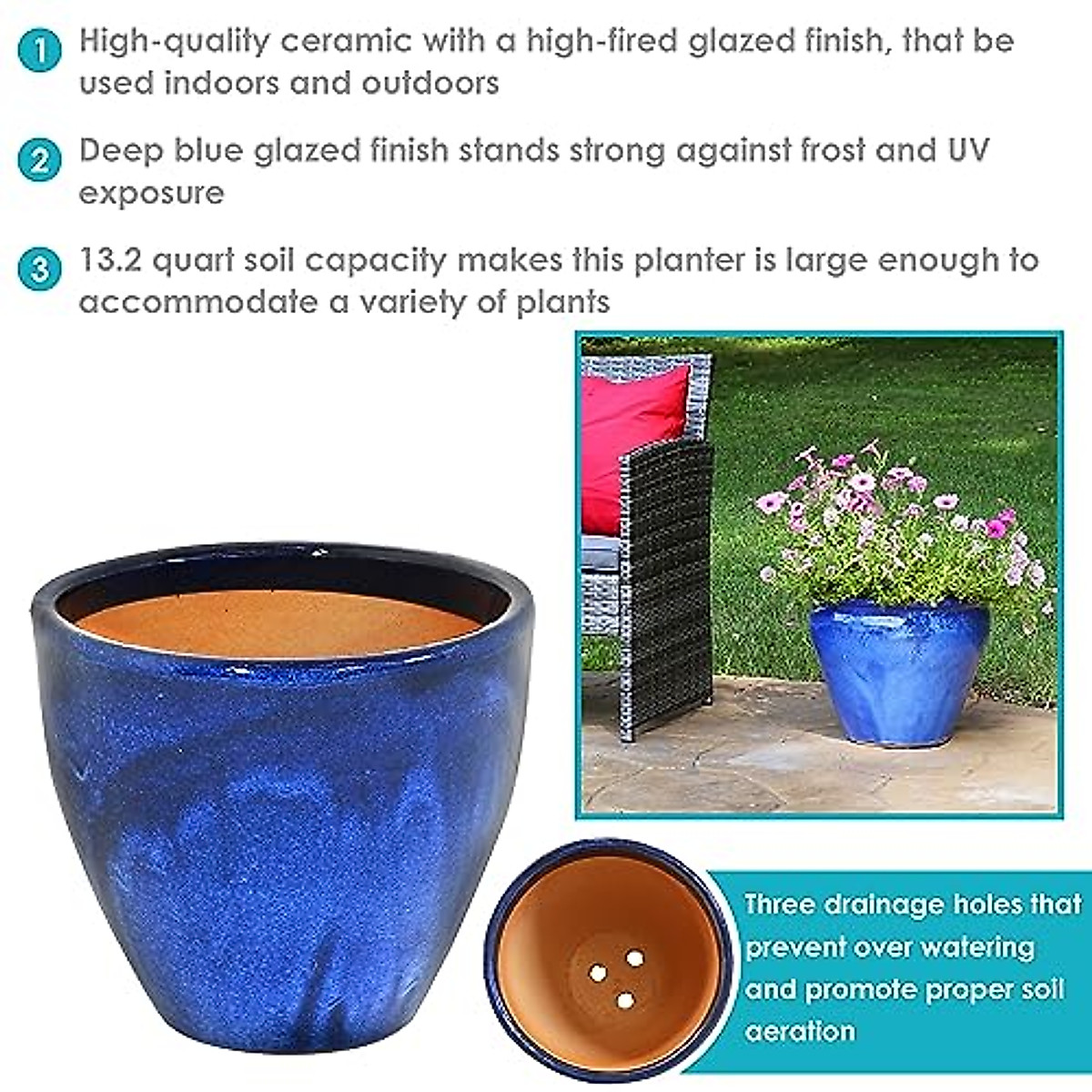 Sunnydaze Large Ceramic Planter - Indoor or Outdoor Plant Pot with Drainage Holes - Imperial Blue Glaze Finish - 13" - Resort