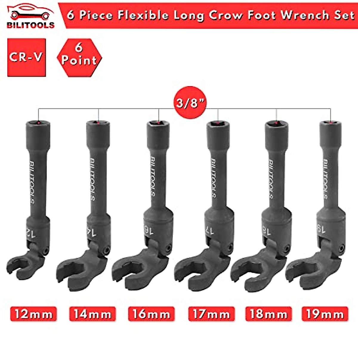 BILITOOLS Long Flex Head Crows Foot Line Wrench Set, 3/8" Drive Injector Fuel Line Crowfoot Flare Nut Socket Wrench Metric 12-19 mm