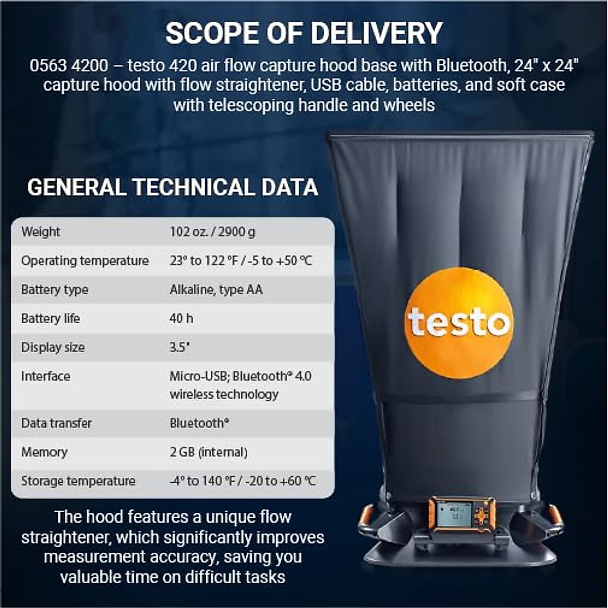 Testo 420 Flow Hood – Air Flow Meter for Airflow, air velocity, volume flow, temperature, and relative humidity – HVAC Air Flow Meter CFM with Tiltable Display, Bluetooth, and App Compatibility