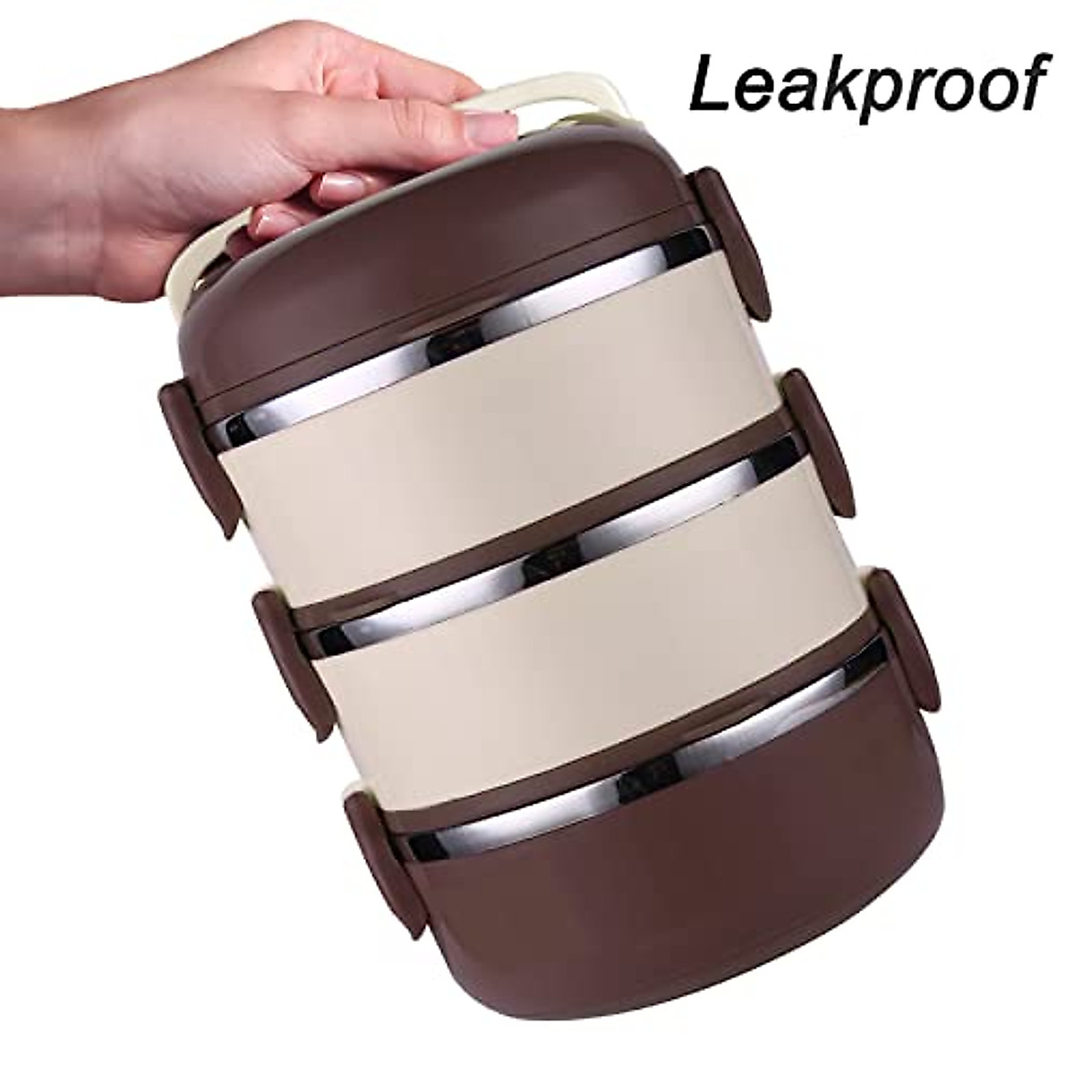 DILUOOU Stackable Lunch Box, 3 Tier Stainless Steel Thermal Lunch Box,Insulated Bento Lunch Box for Adult With Lunch Bag & Utensils (Brown)