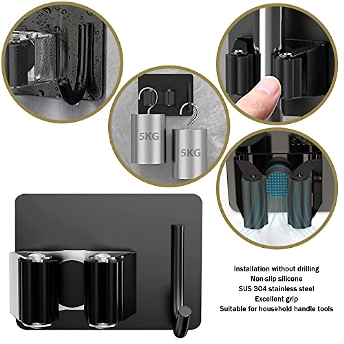 CELBERENA 5 Pack Mop Broom Holder No Drill SUS304 Stainless Steel, Self Adhesive Mop Broom Organizer Wall Mounted Heavy Duty with Hooks Storage Hanger for Bathroom, Kitchen, Office, Black