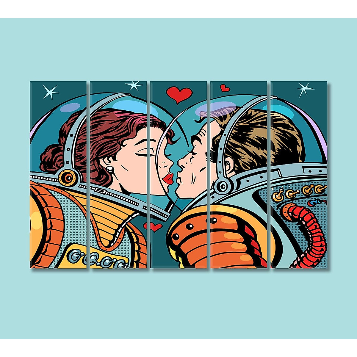 Astronauts Kiss in Space Canvas Print 3 Panels / 36x24 inches