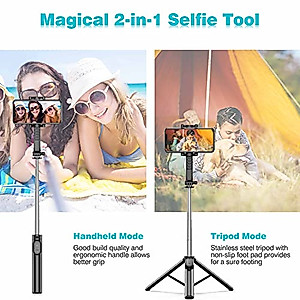 Selfie Stick, Extendable Selfie Stick Tripod with Wireless Remote, Portable Phone Tripod Stand for Group Selfie/Live Streaming/Video Recording Compatible with All Cellphone, Compact Size & Lightweight