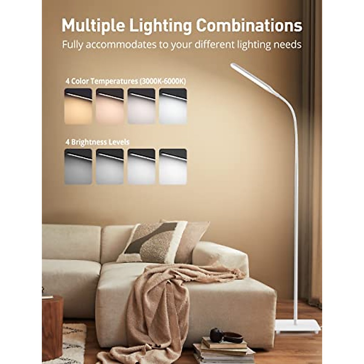 LED Floor Lamp, sympa Floor Lamp Features 4 Color Temperatures & 4 Brightness Levels, Standing Lamp with Adjustable Gooseneck, Touch Control, Stable Base Lamp for Living Room, Bedroom, Office