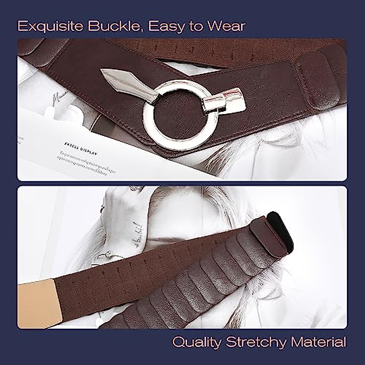 WHIPPY Women Wide Elastic Waist Belt Vintage Wide Stretch Waist Belt Fashion Retro Leather Waistband for Dresses, Coffee, XL
