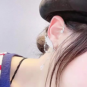 Face Shape Evil Eyes Ear Cuff Earring for Women Non-piercing Silver Abstract Simple Fashion Aesthetic Dainty Kpop Rhinestone Angel Wings Ear Wrap Crawler Hook Earring with Chain Charms (Silver 2)
