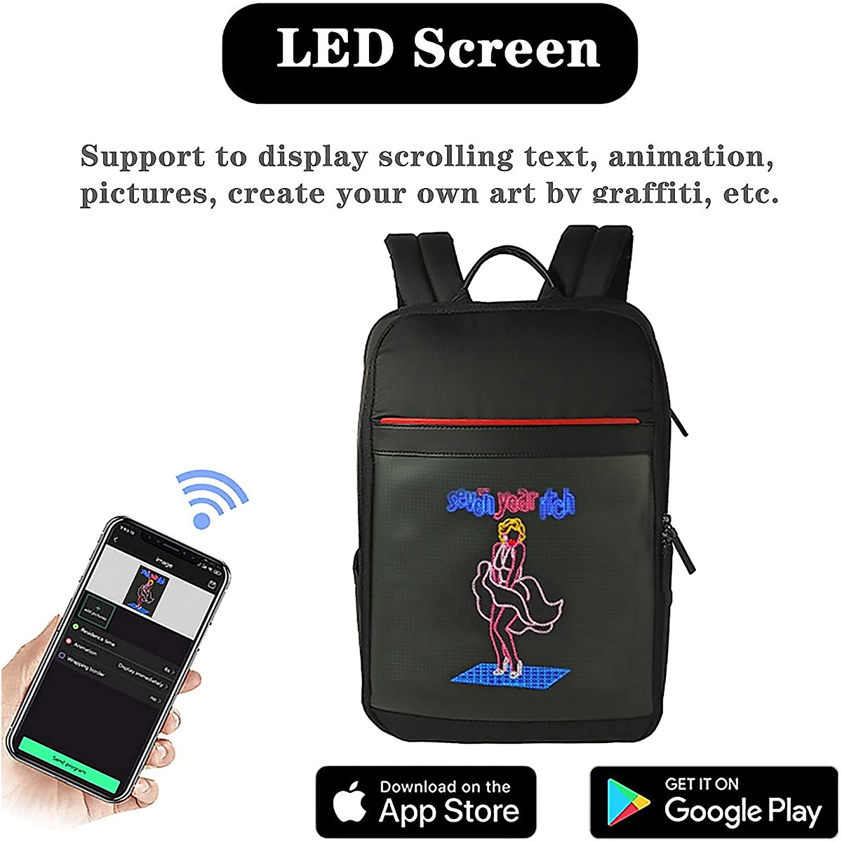 Welaso Smart Bluetooth LED Backpack with Colorful LED Sign Panel and Programmable, DIY Laptop Daypack Bag,Black (Large 25L,without Rain Cover)