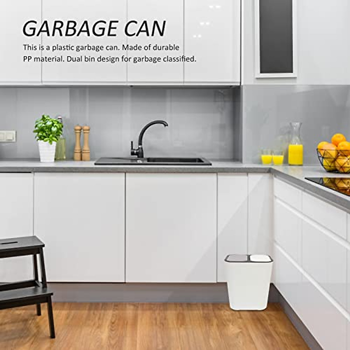 Zerodeko Dual Trash Can Plastic Kitchen Garbage Can 2 Compartment Classified Rubbish Bin Recycle Dustbin for Home Kitchen White