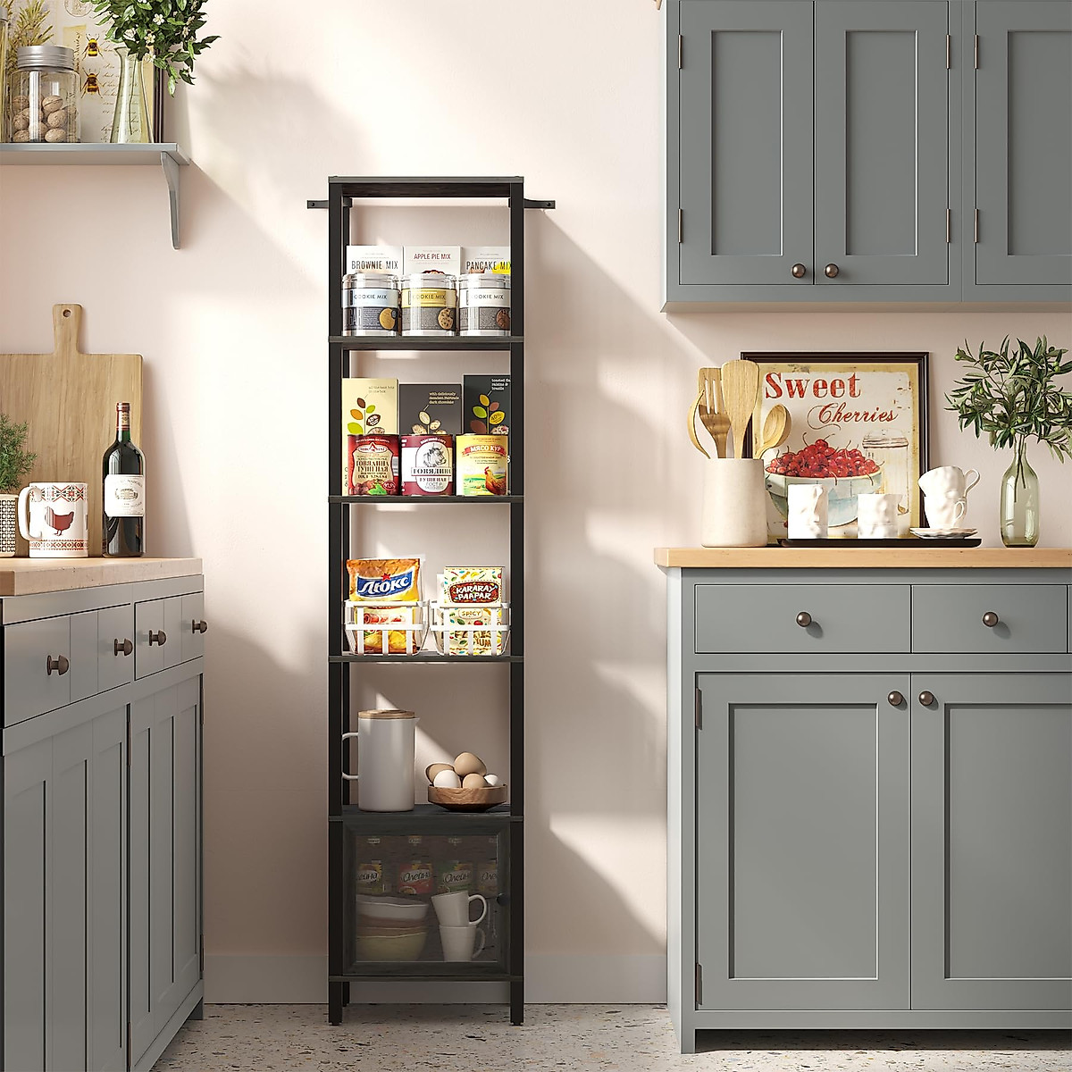 TUTOTAK 6 Tier Bookcase and Bookshelf, Narrow Book Shelf with Door for Small Space, for Living Room, Office, Study, Entryway, Charcoal Grey BS03BY006