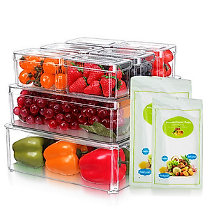 Clear Fridge Organizer Bins - 10 pcs Refrigerator Organizers and Storage Set for Fridge, Freezer, Kitchen, Stackable Pantry Organizer Bins - Includes Pack of 20 Food Bags - Ideal for Food & Drinks