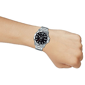 Casio MTP-VD01D-1BV Men's Enticer Stainless Steel Black Dial Casual Analog Sporty Watch, Silver, 48×42×10.7mm, Quartz Movement