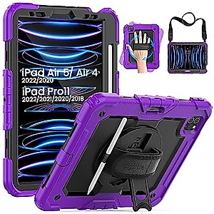 Wgdttve iPad Air 5th Generation Case 10.9 Inch 2022 / iPad Air 4th Case 10.9 Inch 2020 / iPad Pro 11 Inch Case with Pencil Holder, Screen Protector, 360°Rotating Stand, Handle, Shoulder Strap (Purple)