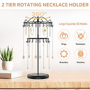 iDavosic.ly 2 Tier Rotating Necklace Organizer, Adjustable Metal Necklace Holder with 42 Hooks, Extra Tall Bracelet Keychain Spinning Display Stand Tree Tower for Women Girl, Black