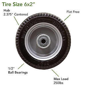 Marathon 6x2" Flat Free, Hand Truck / All Purpose Utility Tire on Wheel, 2.375" Centered Hub, 1/2" Bearings