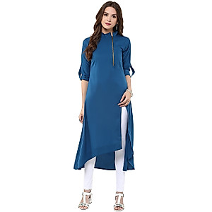 Janasya Women's Crepe Kurti Tunic Tops,Blue,Large,Blue,Large