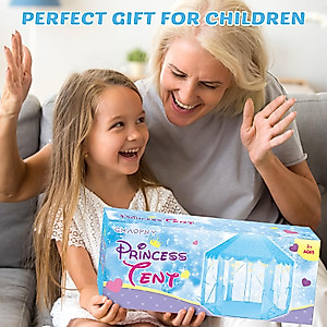 Blue Princess Tent Girls Large Playhouse Kids Castle Play Tent with Star Lights Toy for Children Indoor and Outdoor Games for Ages 3 4 5 6 Year Old