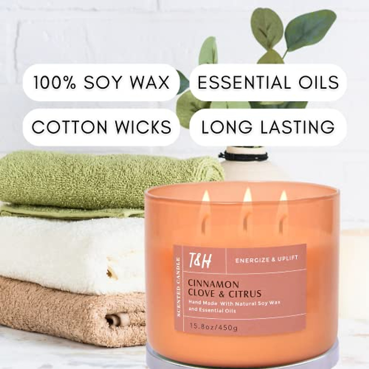 Cinnamon Clove Citrus Scented Candle with Vanilla, Ginger & Cedarwood | Highly Scented 3 Wick Soy Candles for Home 15.8 oz | Large Relaxing Aromatherapy Candle for Men & Women, Natural Cinnamon Candle