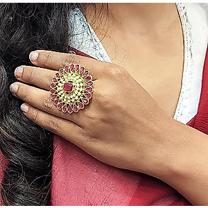 Efulgenz Indian Jewelry Antique Square Faux Pearl Crystal Kundan Bollywood Adjustable Big Finger Ring for Women (Multipack 1)