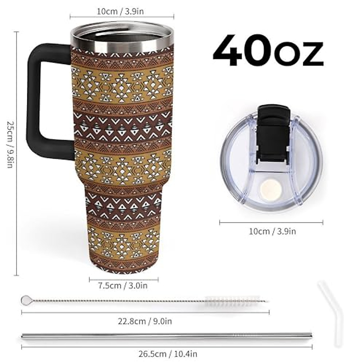 Maya Horizontal Geometric Pattern 40oz Water Bottle Double Wall Insulated Tumbler with Handle Leakproof Travel Mug Black-style