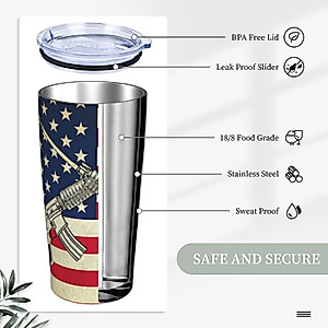 VKKOEWL Flag Of USA With Guns Stainless Steel Insulated Tumbler 20 Oz Travel Water Bottle Coffee Mug Drink Cup With Lid Straw