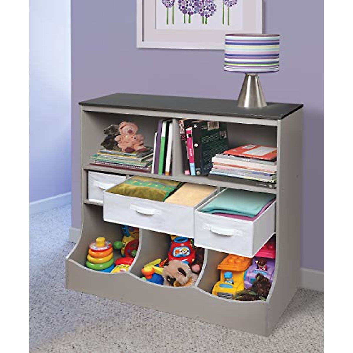 Badger Basket Combo Bin Toy Storage Unit and Book Shelf for Kids with 3 Baskets - Woodgrain/Gray