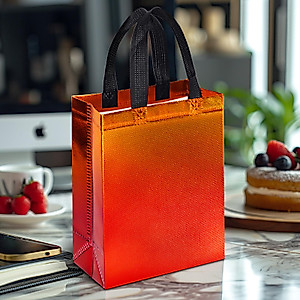 STARRKY 15PCS Gift Bags with Handles, Orange Red Reusable Gift Bags Gradient Non-woven Bags with Glossy Finish 8x4x10 Inch for Kids Birthday Wedding Party Favors